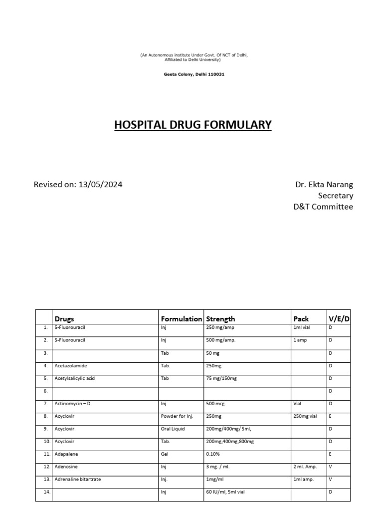 Hospital Drug Formulary May 2024 | PDF | Drugs