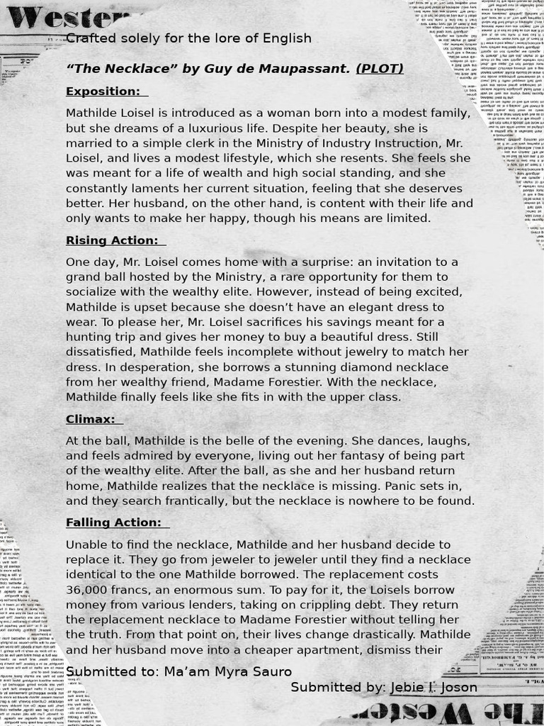 Plot Summary of "The Necklace" | PDF | Mystery, Thriller & Crime Fiction