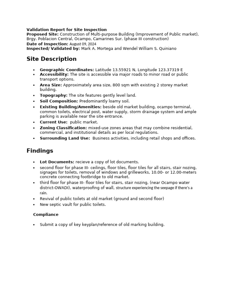 Validation Report For Site Inspection - MPB - Improvement of Market ...