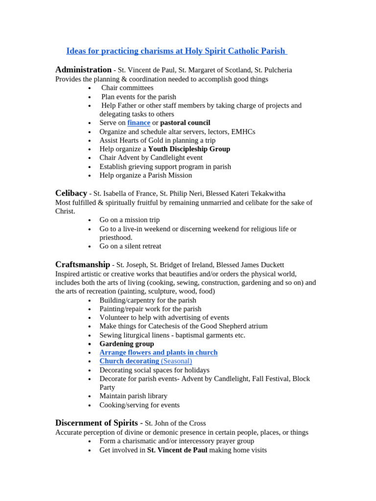 Ideas For Practicing Charisms at Holy Spirit Catholic Parish | PDF ...