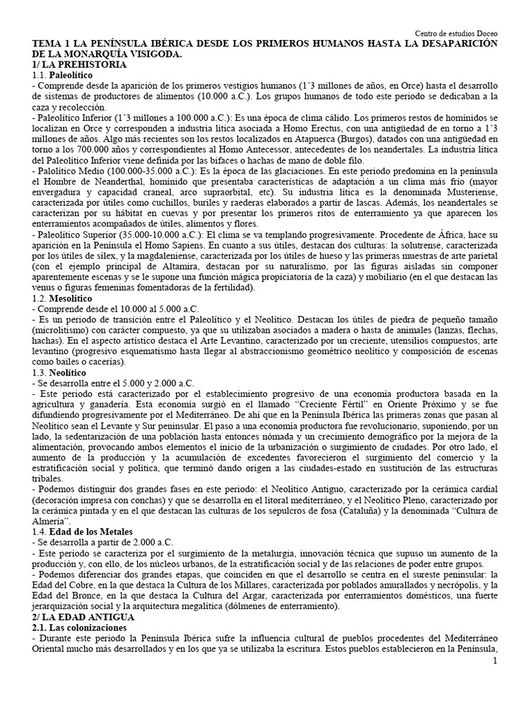 Tema 1 La Península Ibérica Desde Los Primeros Humanos Hasta La Desaparición de La Monarquía ...