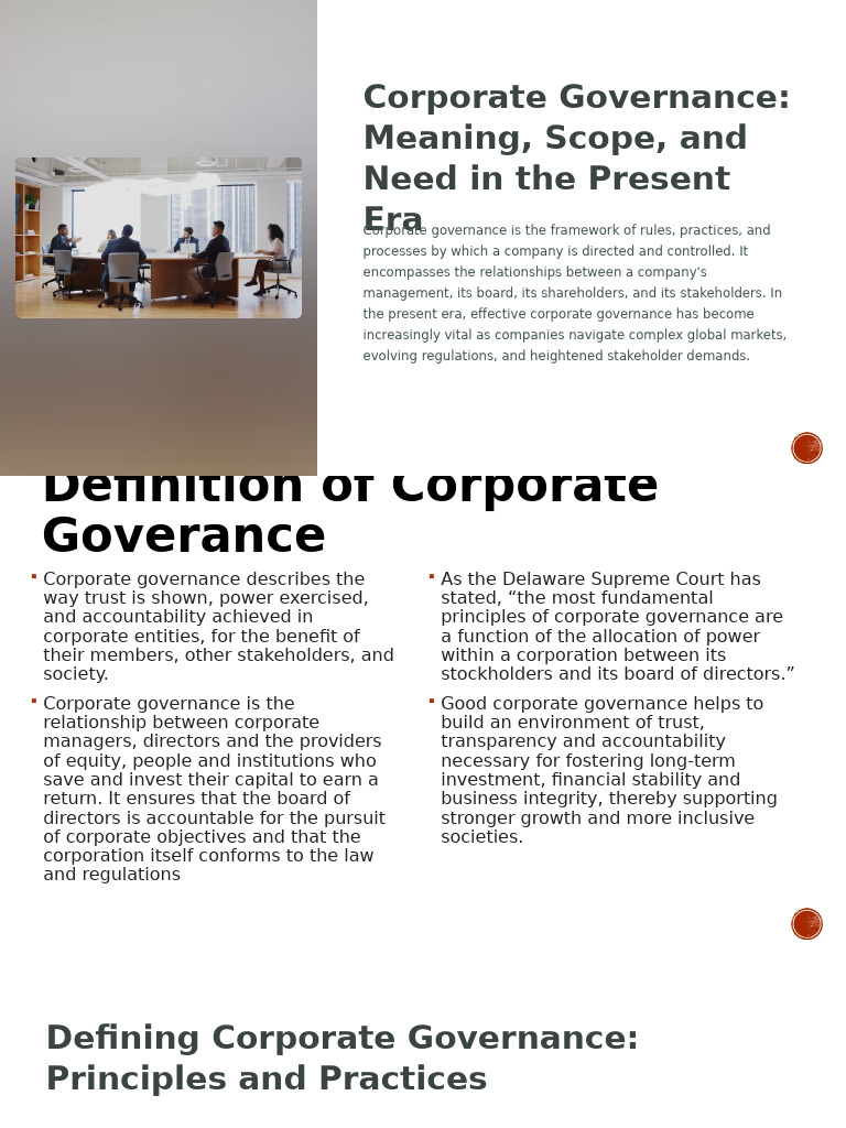 Corporate Governance Meaning Scope and Need in The Present Era | PDF ...