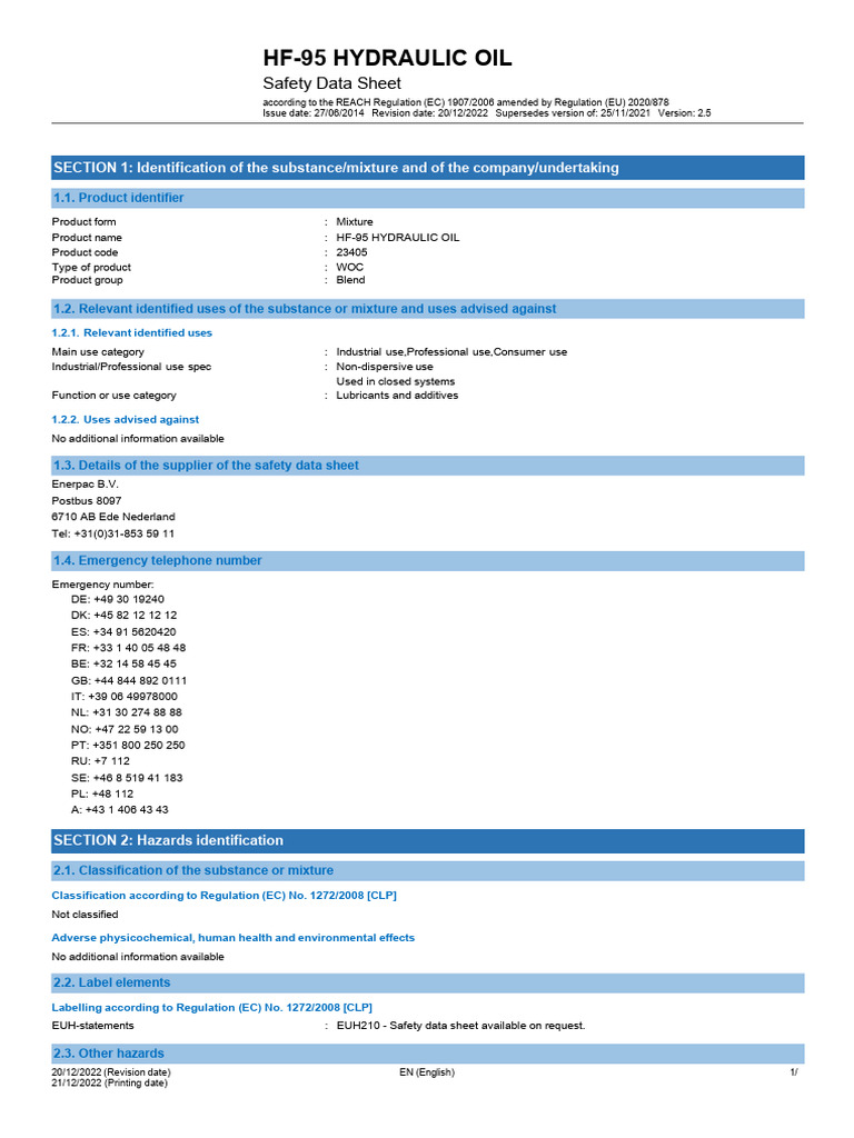 HF-95 Hydraulic Oil Safety Data Sheet | PDF | Dangerous Goods | Toxicity
