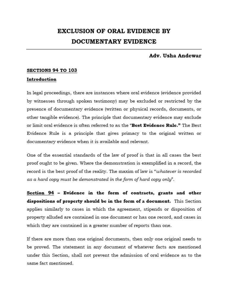 Exclusion of Oral Evidence by Documentary Evidence in BSA | PDF ...