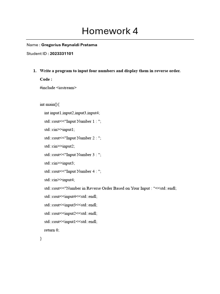 Gregorius Reynaldi Pratama - HW4 | PDF | Computer Programming | C++