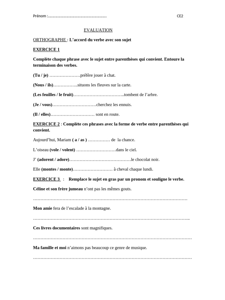 Évaluation d'orthographe CE2 : Accord verbe-sujet | PDF