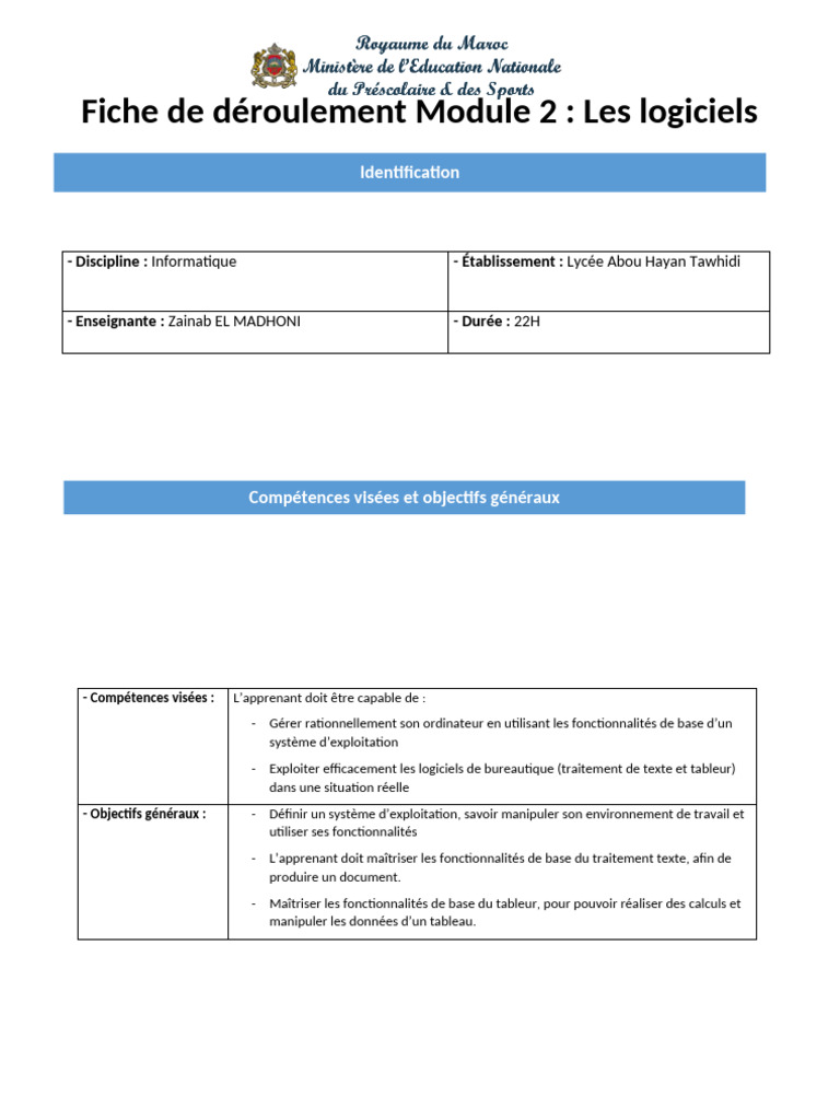 Fiche de Déroulement Module 2 Chapitre 1 Séance 1 | PDF | Système d'exploitation | Matériel de ...
