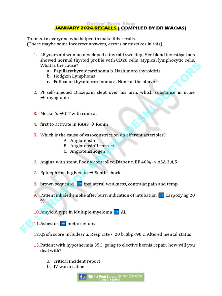 MRCS Part A Recalls (Jan, 2024) - 1 | PDF | Vein | Human Leg