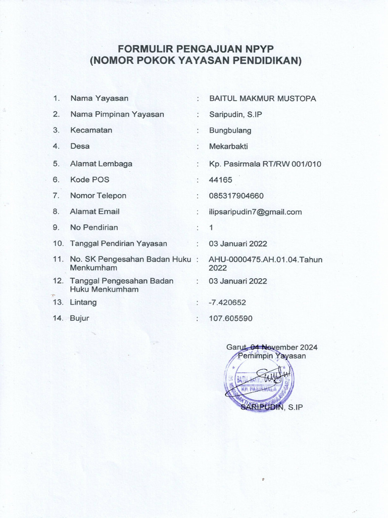 Formulir Pengajuan Yayasan BMM + Cap TTD | PDF