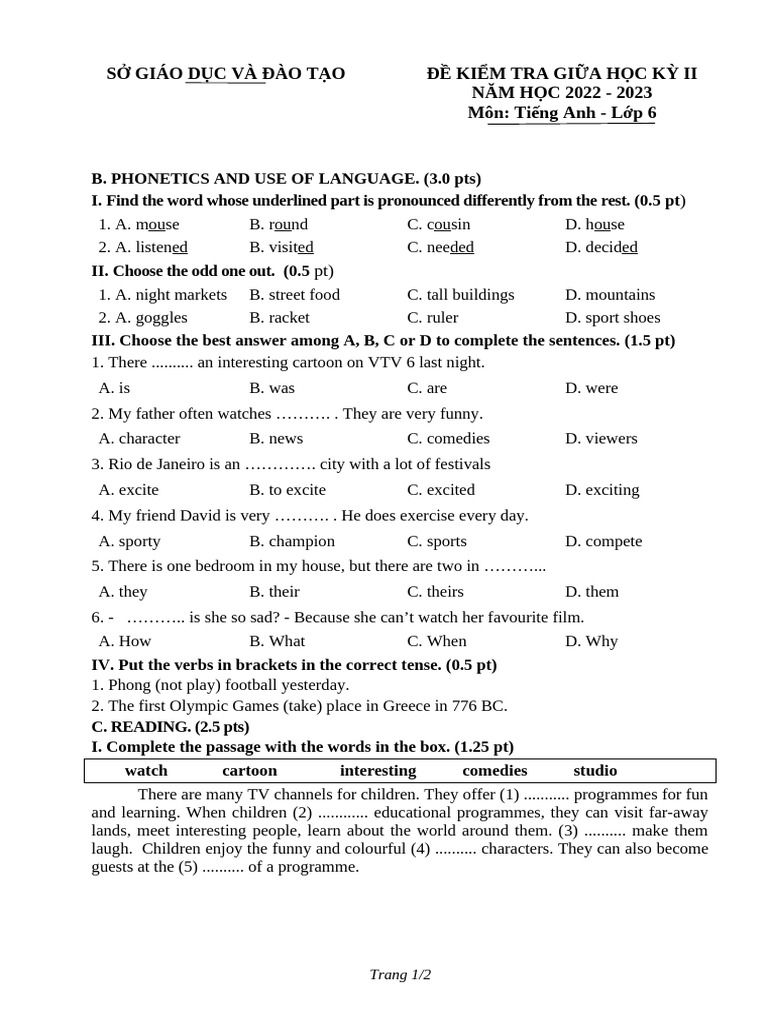 Đề Anh 6 Giữa HKII 2022-2023 | PDF | Vietnam | Hanoi