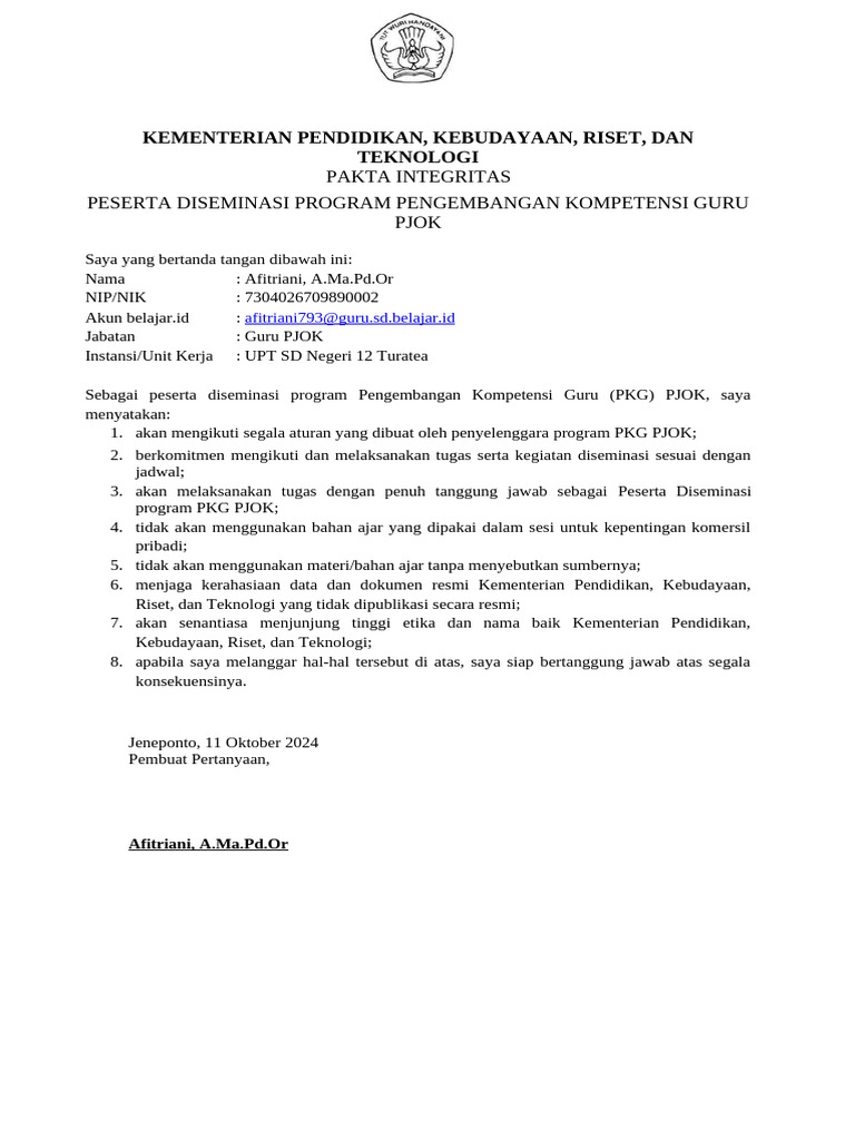 Pakta Integritas Peserta Pkg Pjok 2024 Pdf
