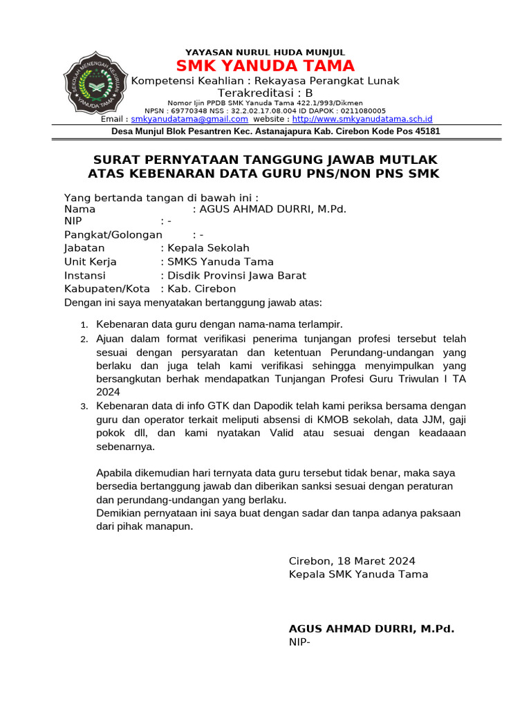 SURAT PERNYATAAN TANGGUNG JAWAB MUTLAK BU EVA Tri Wulan 1 2024 | PDF