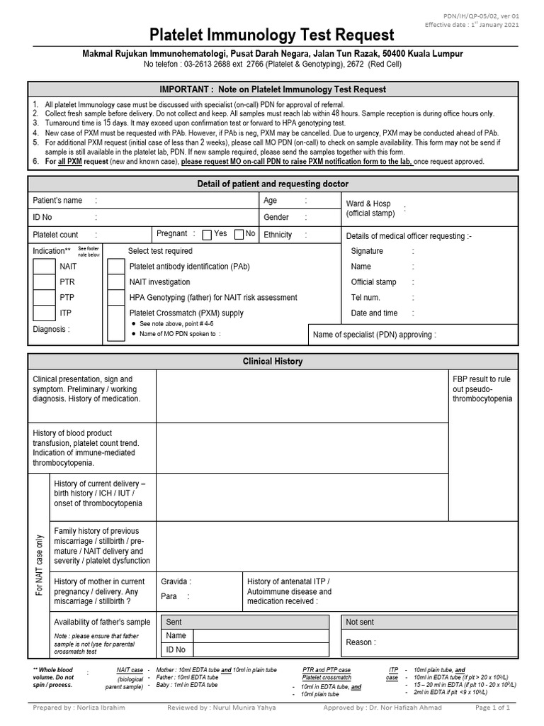 PDN Platelet Immunology Test Request | PDF | Diseases And Disorders ...