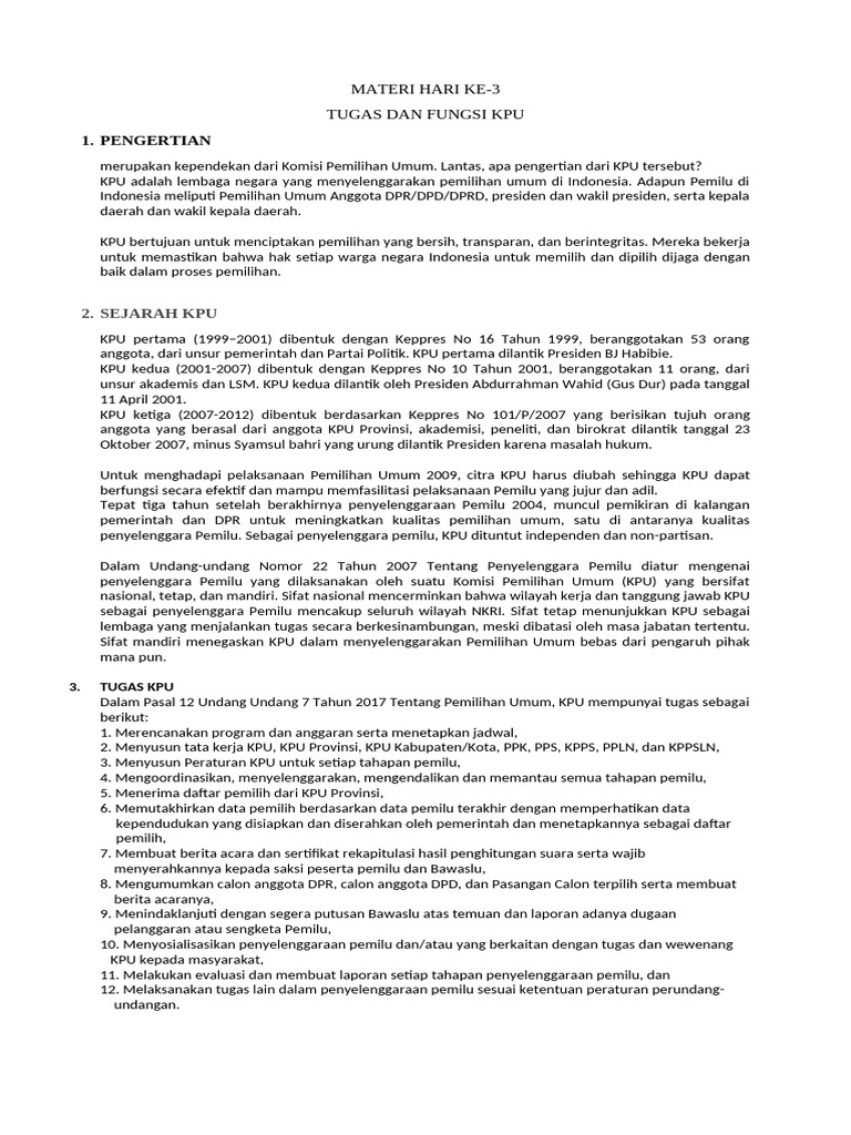 Materi Hari Ke-3 Tugas Dan Fungsi KPU | PDF