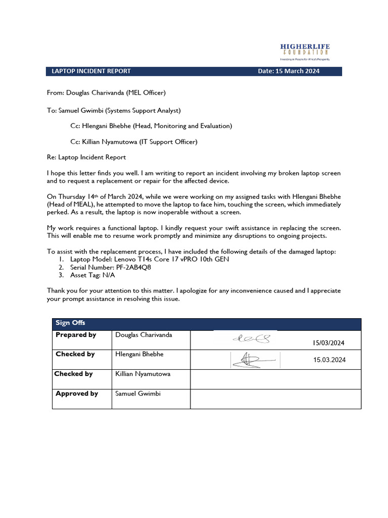 Laptop Damage Incident Report | PDF