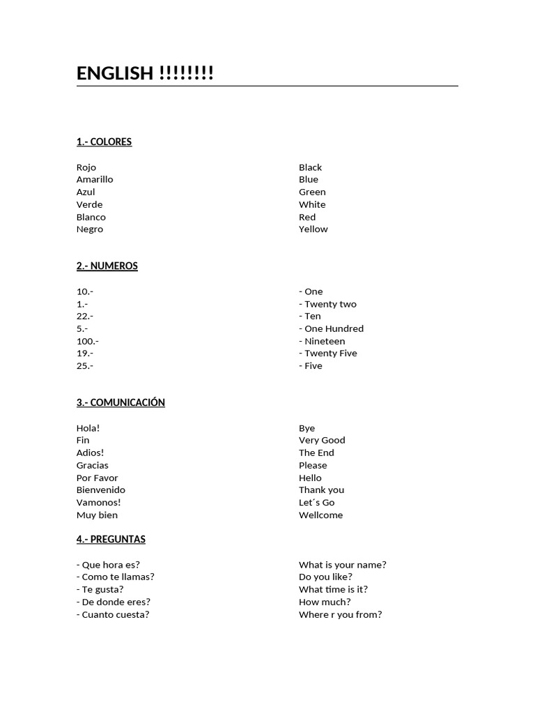 Vocabulario Básico en Inglés y Español | PDF