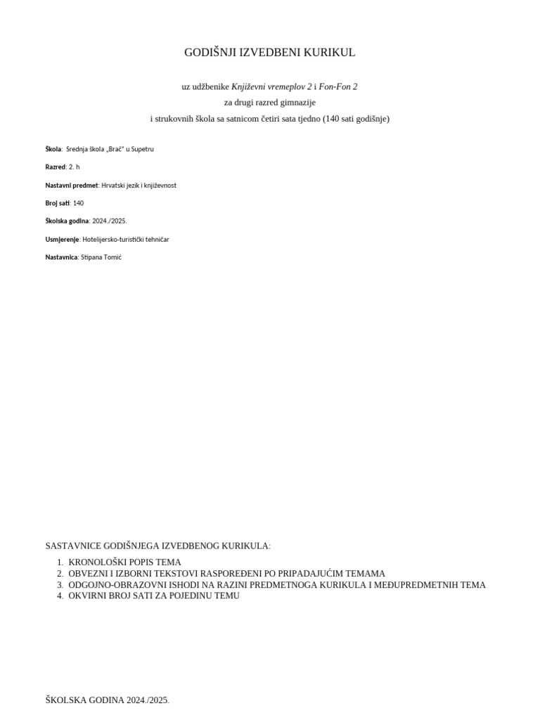 Raz. 2022-2023. Godisnji Izvedbeni Kurikul Za 2. Raz. Gim I Str. Skole 140 Sati 0 | PDF