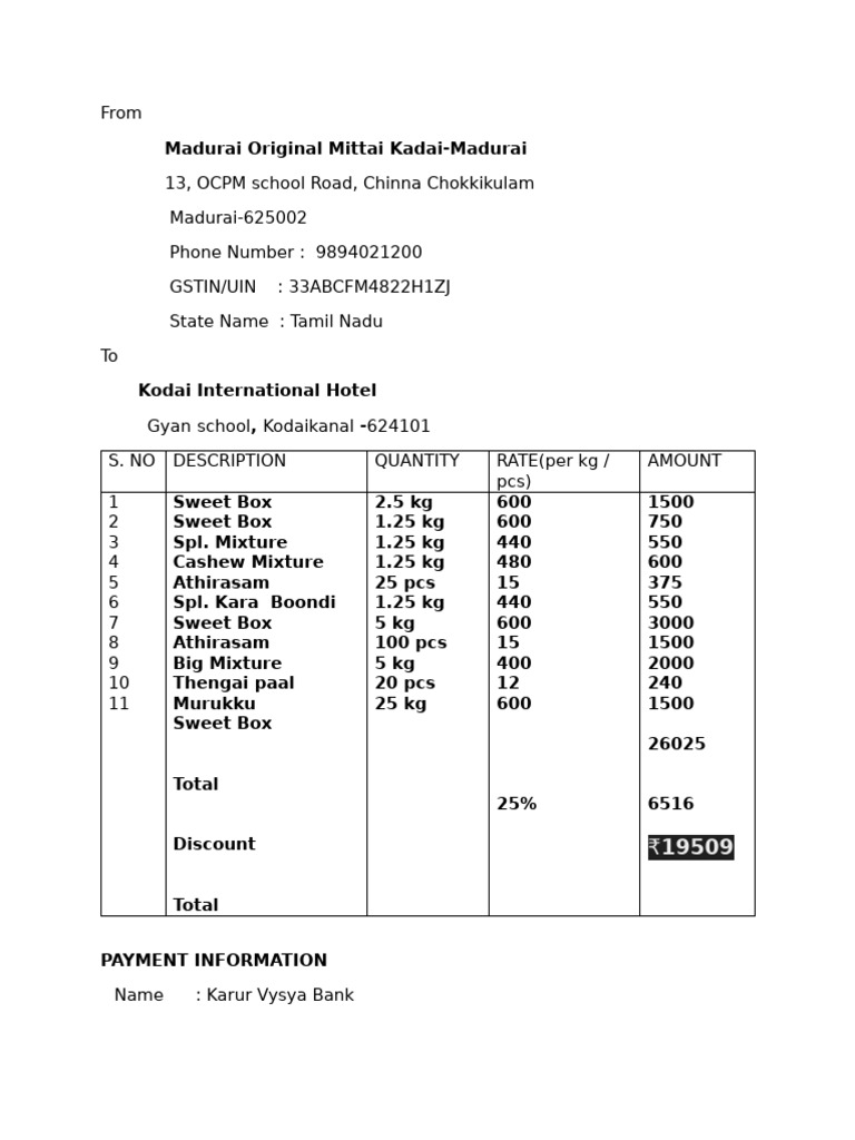 Madurai Sweet Shop Invoice Details | PDF