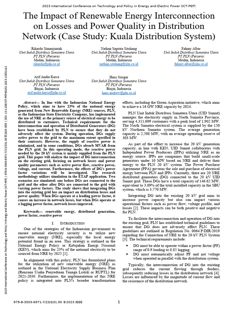 The Impact of Renewable Energy Interconnection On Losses and Power Quality in Distribution ...