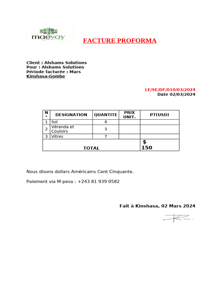 Facture Proforma pour Alshams Solutions | PDF