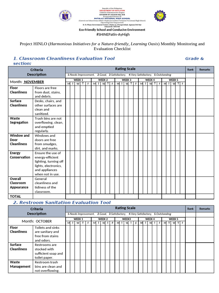 Monthly Cleanliness Evaluation Checklist | PDF | Waste | Efficient ...