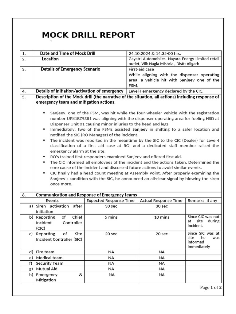 Mock Drill Report On FSM Hit by Customer, S Vehicle First-Aid Case Level I-1 | PDF | Civil ...