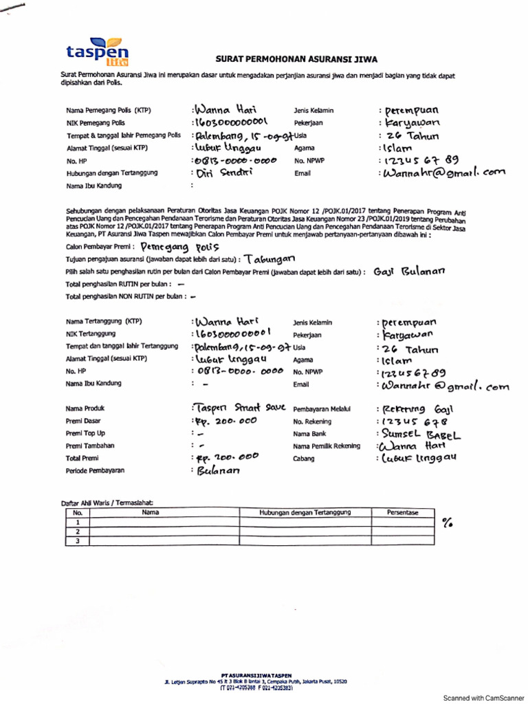 Contoh Pengisian Spaj Taspen Life | PDF