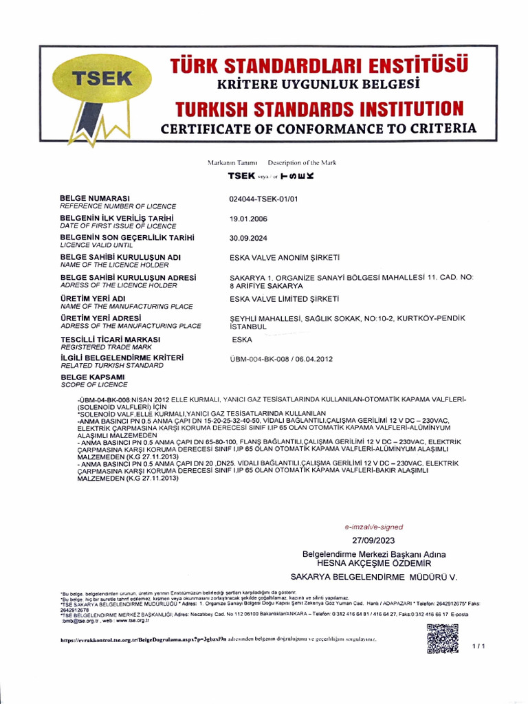 Eska Egv Ve Egv-B Solenoi̇d Valf Tsek Belgesi̇ - 30.09.2024 | PDF