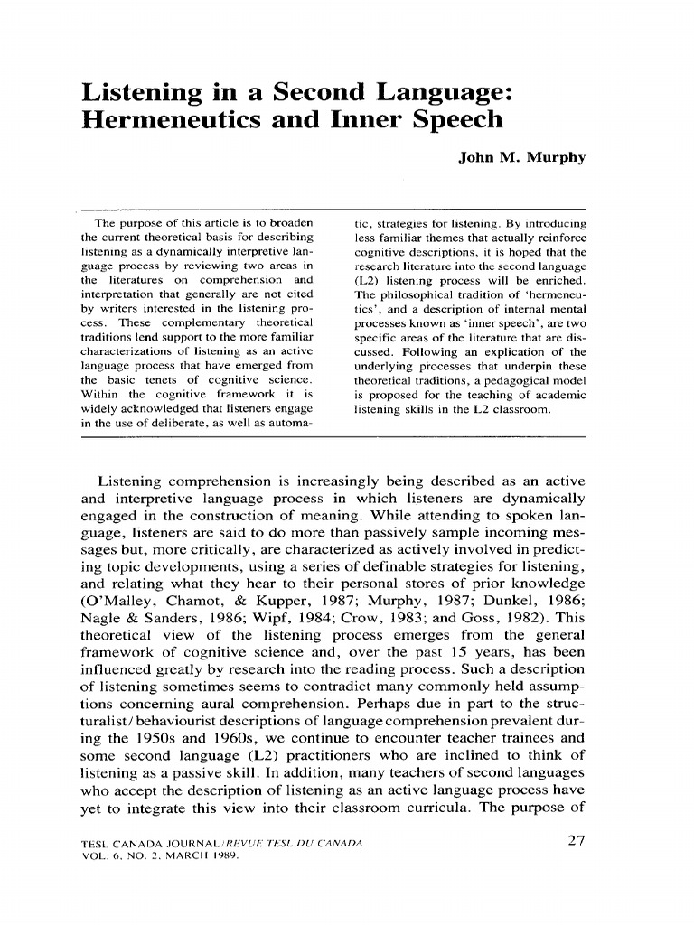 Listening in A Second Language - Hermeneutics and Inner Speech | PDF ...