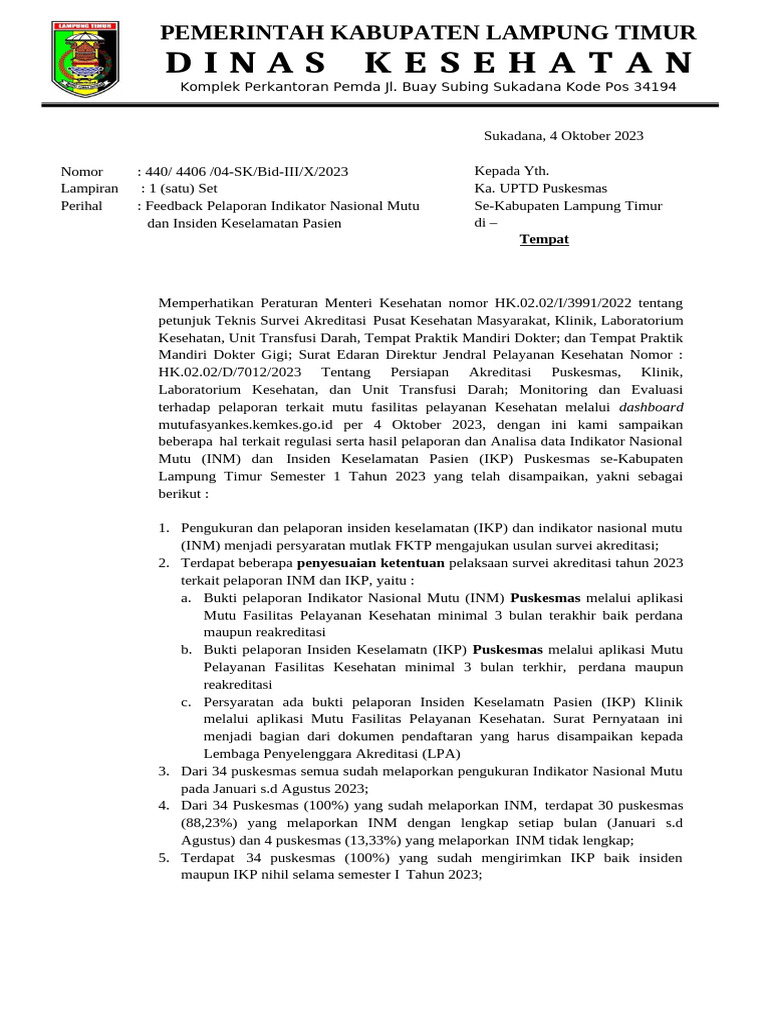 Surat Feedback Pelaporan Mutu JAN-AUG 23 (4 Okt) | PDF