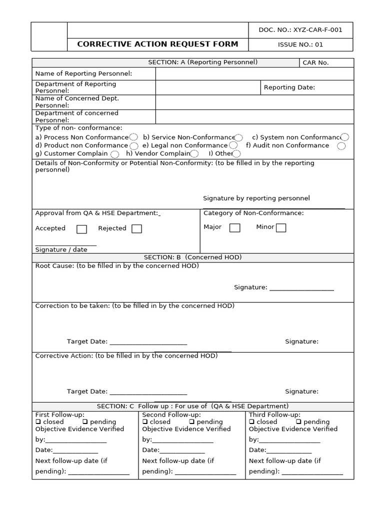 1 - Corrective Action Request Form | PDF | Systems Analysis