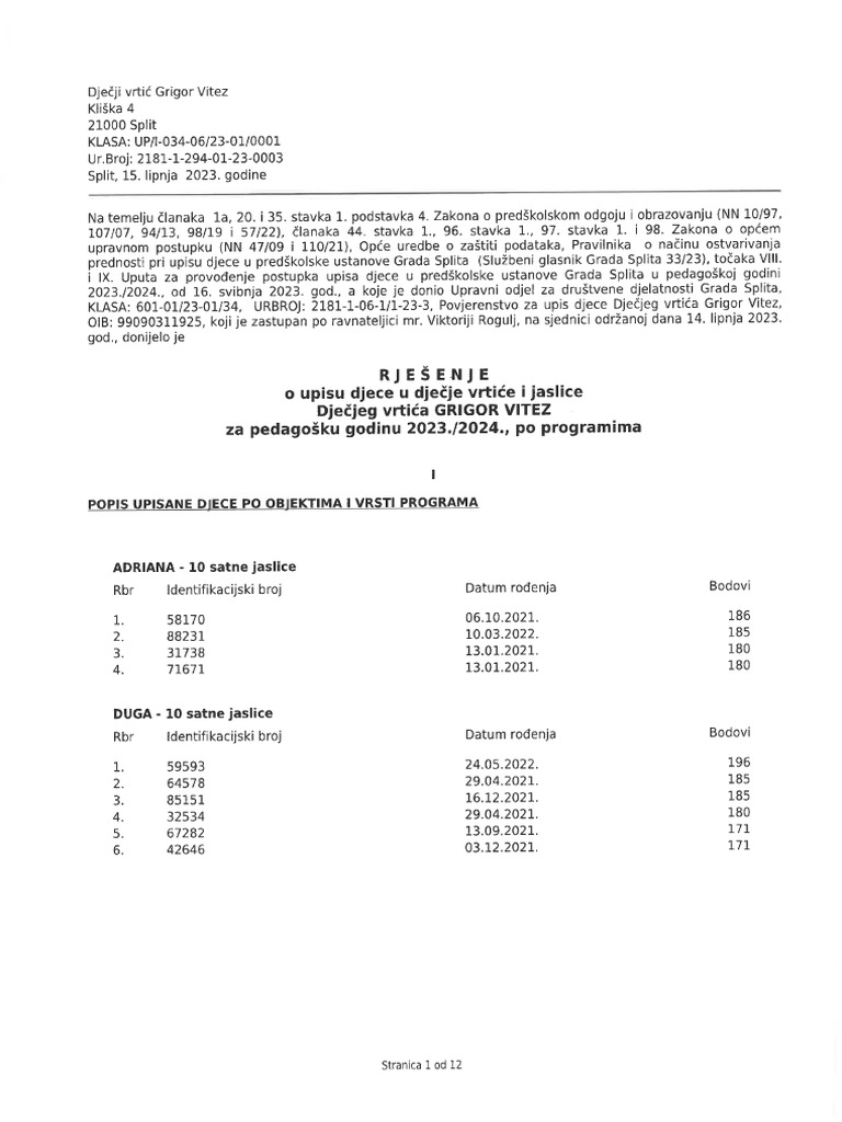 Rjesenje o Upisu Djece | PDF