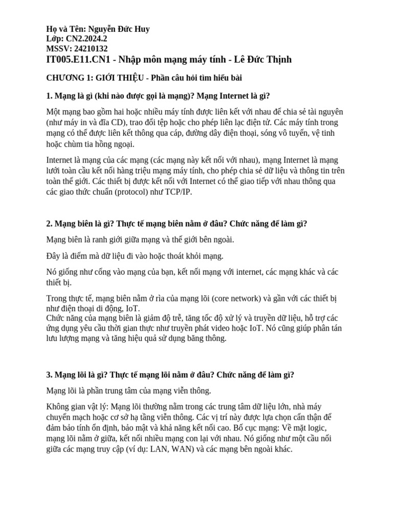 Tra Loi Cau Hoi Chuong 1 - Nhap Mon Mang May Tinh | PDF