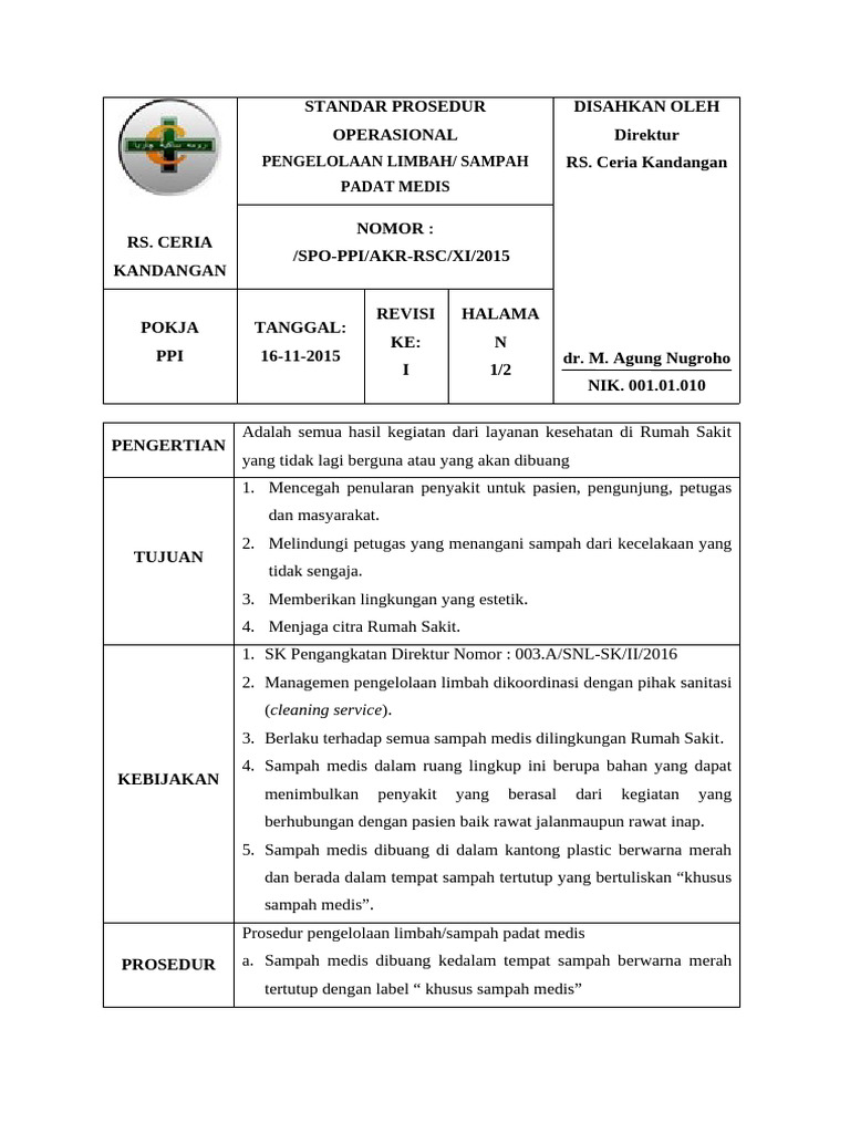 Spo Pengelolaan Limbah Medis | PDF