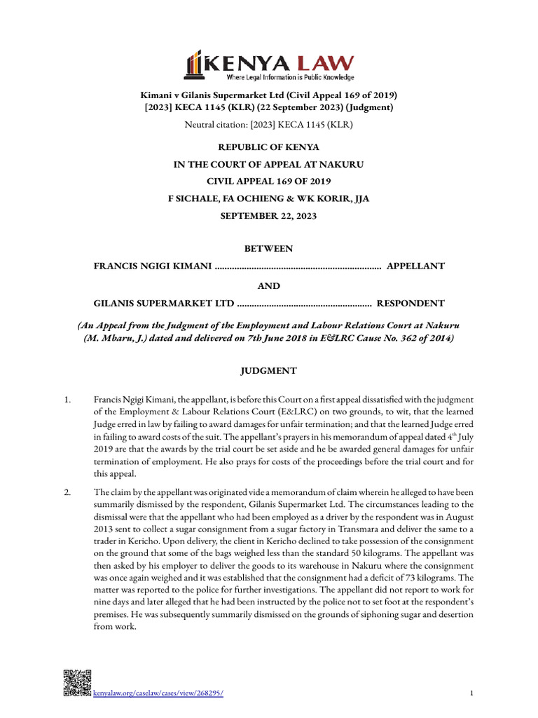Kimani V Gilanis Supermarket LTD (Civil Appeal 169 of 2019) | PDF | Appeal | Employment