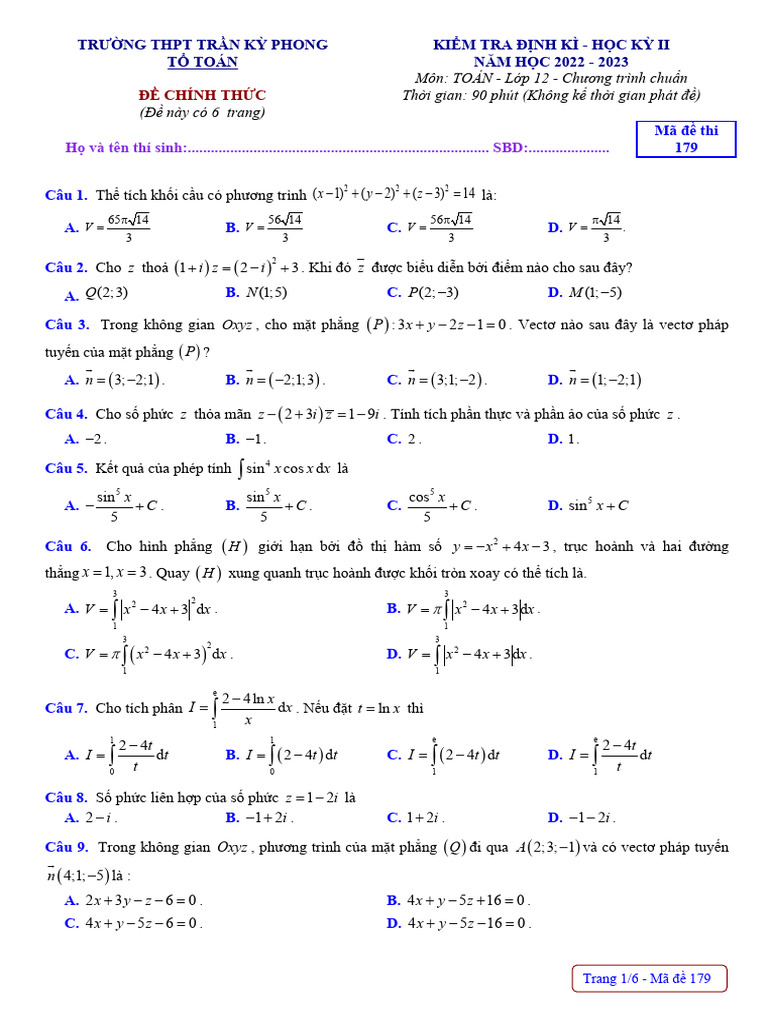 De Hoc Ky 2 Toan 12 Nam 2022 2023 Truong THPT Tran Ky Phong Quang Ngai | PDF