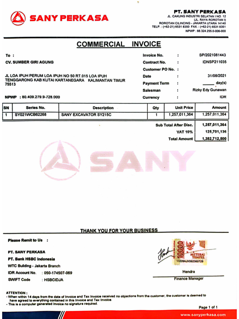 Invoice Dan Faktur Unit Excavator B Ex 02 | PDF