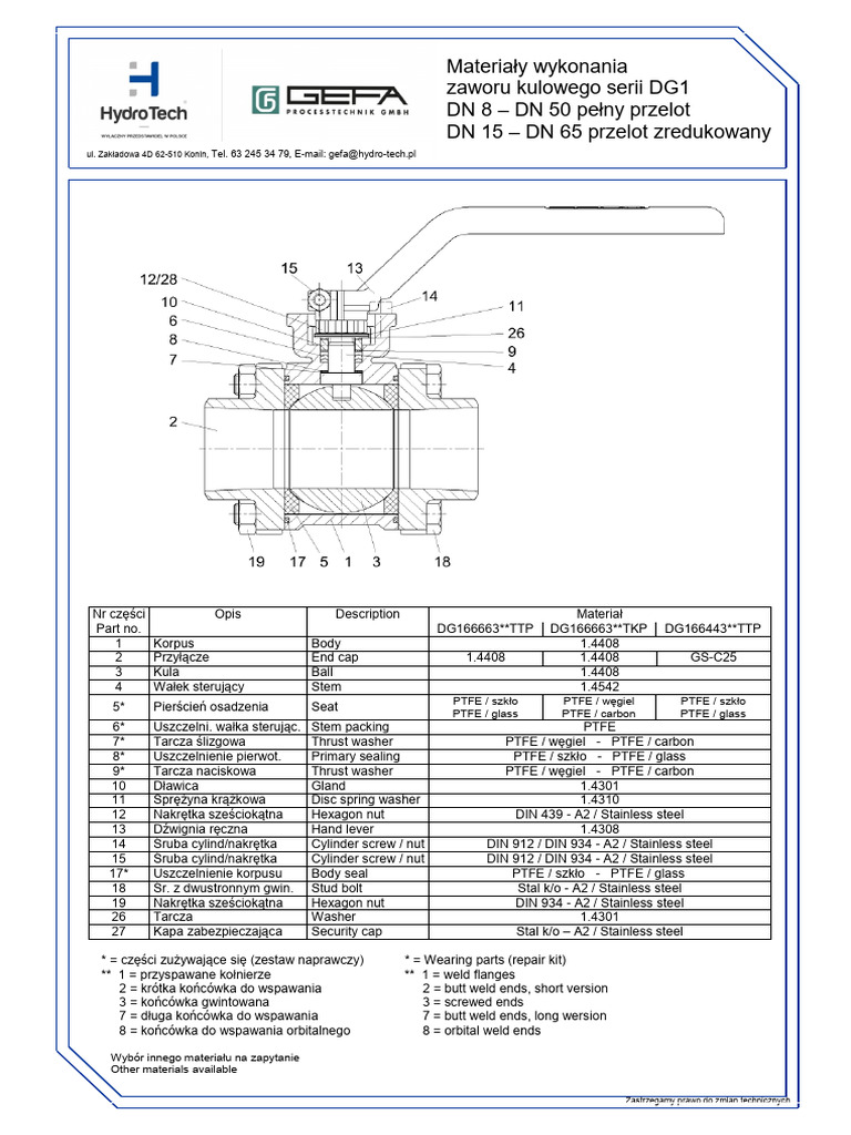 Karty Katalogowe - Zawór Kulowy DG1 (Koń. Do Wsp. Orbit.) DN8-50 | PDF