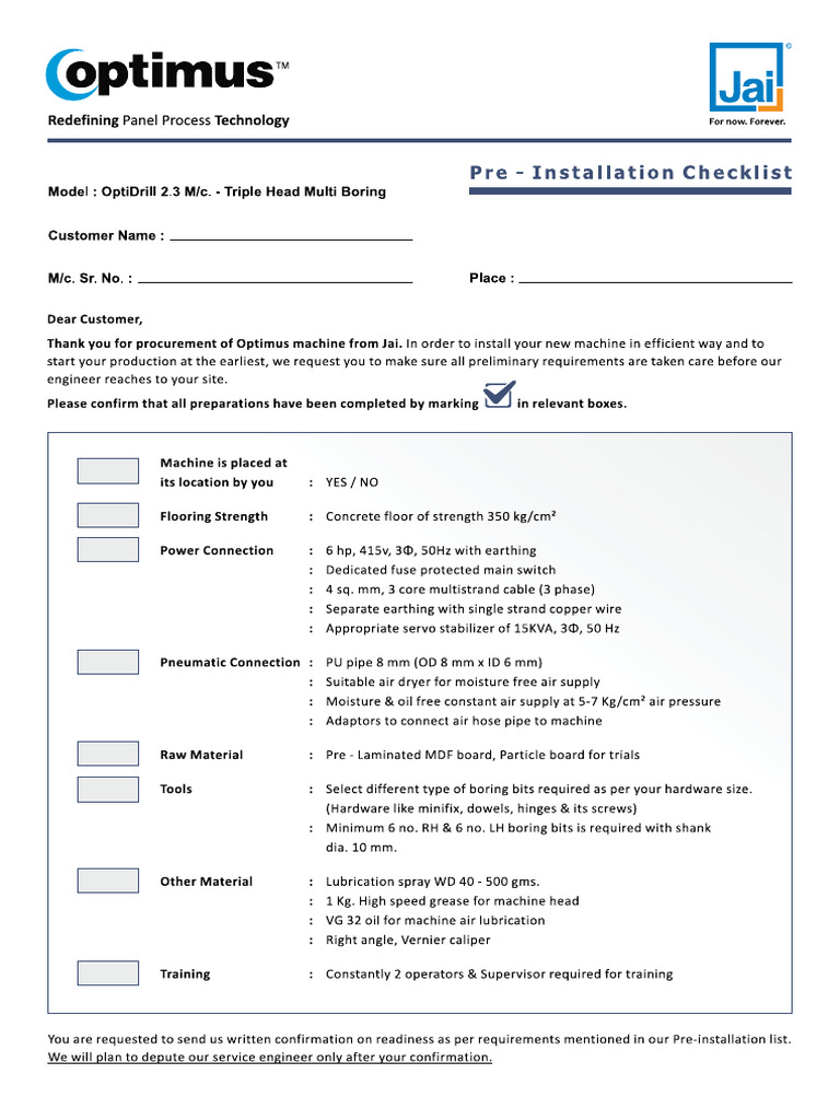 Pre-Installation Check List Model - OptiDrill 2.3-Triple Head Multi ...