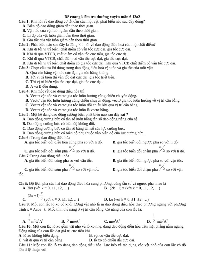 Đề Cương Kiểm Tra Thường Xuyên Tuần 6 12a2 | PDF