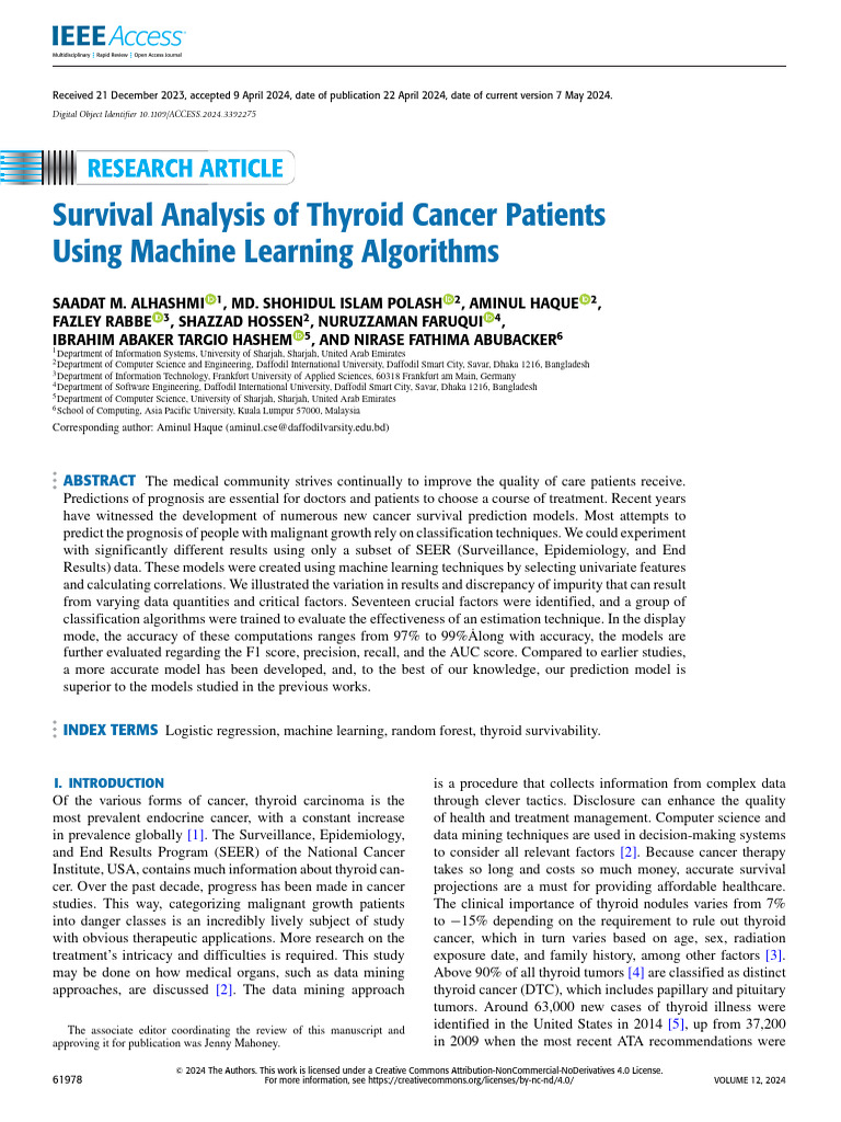 Survival Analysis of Thyroid Cancer Patients Using Machine Learning ...
