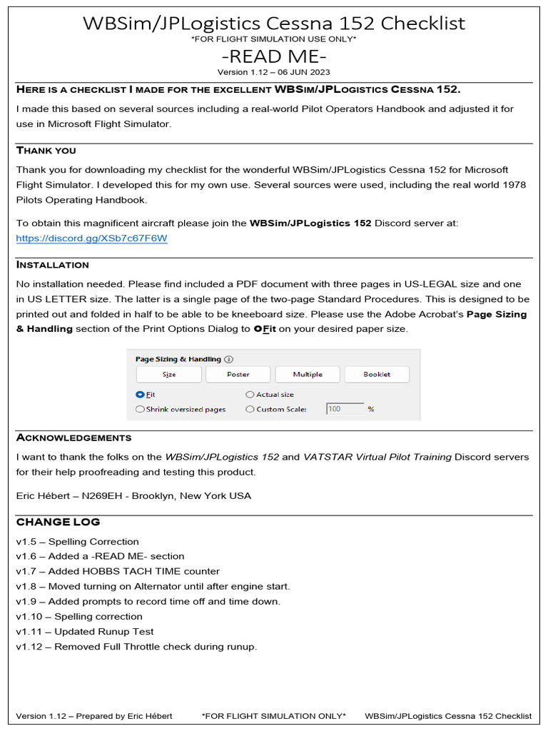 WBSim JPLogistics Cessna 152 Checklist v1.12 | PDF | Carburetor | Flap ...