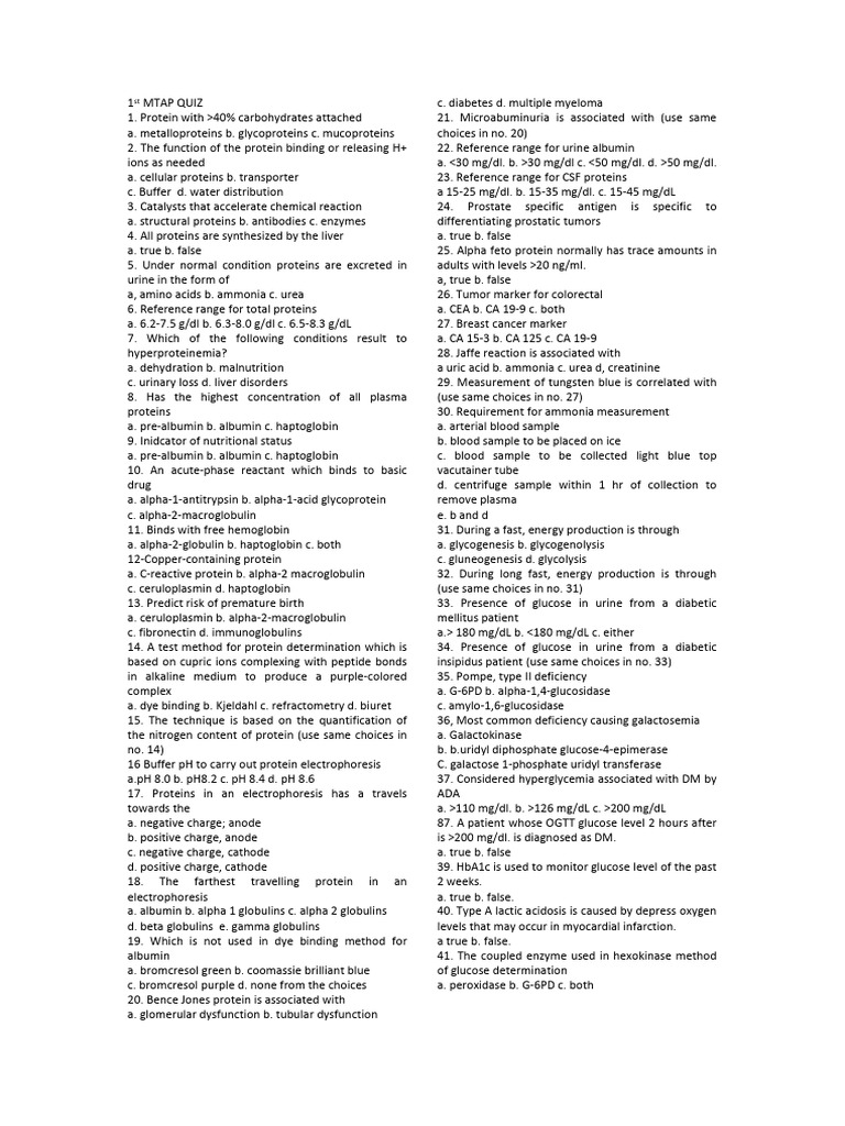 1st Mtap Quiz | PDF | Proteins | Glucose