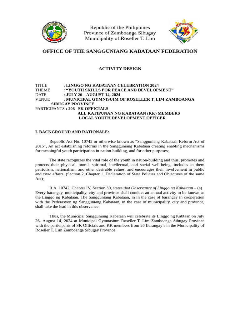 Activity Design For Linggo NG Kabataan 2024 | PDF