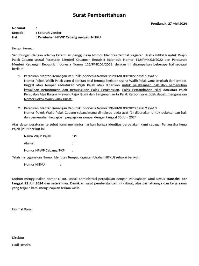 Contoh Surat Pemberitahuan NITKU | PDF
