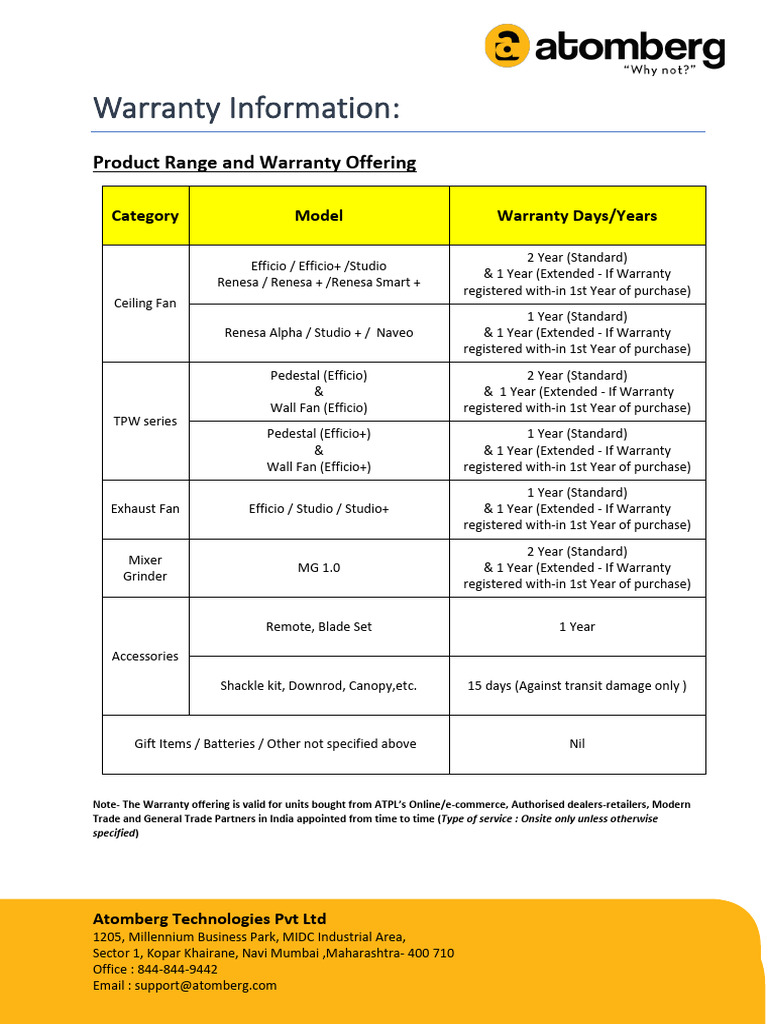 Atomberg Product Warranty Durations and T&C | PDF | Invoice