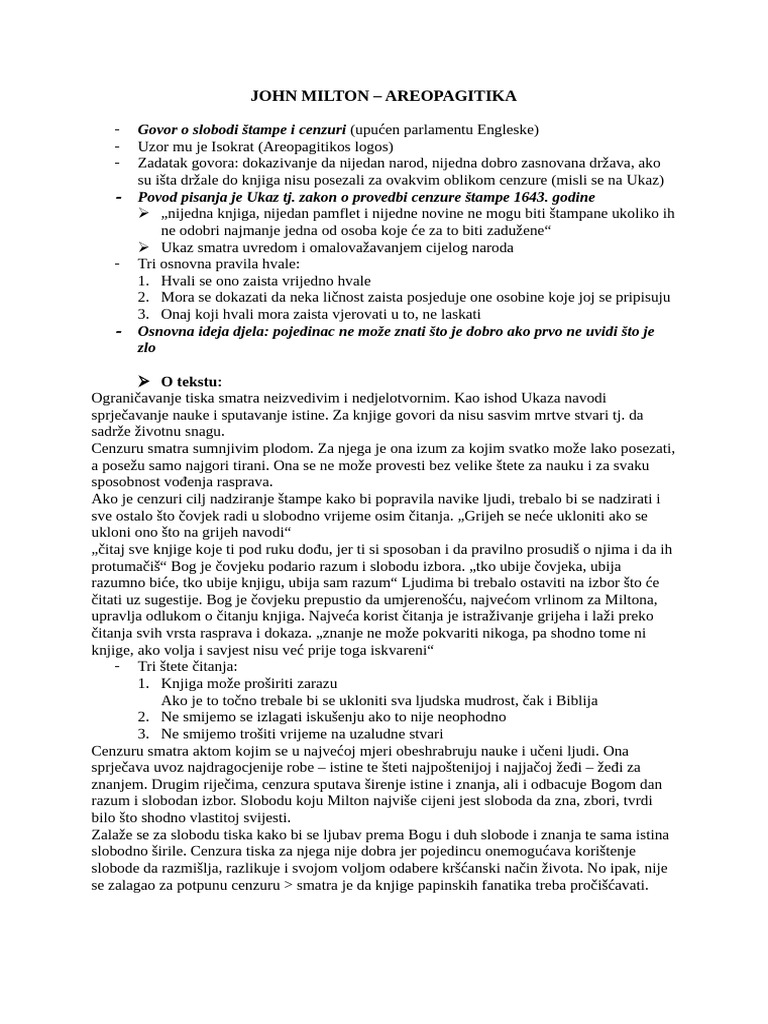 Areopagitika - Skripta Za Ispit | PDF