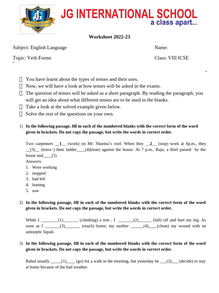 Verb Forms Worksheet 1 | PDF | Grammar | Linguistics