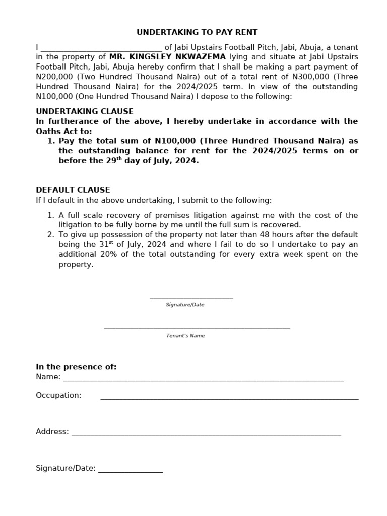 Undertaking To Pay Rent (MR Bassey) - 074652 | PDF | Finance & Money Management | Law