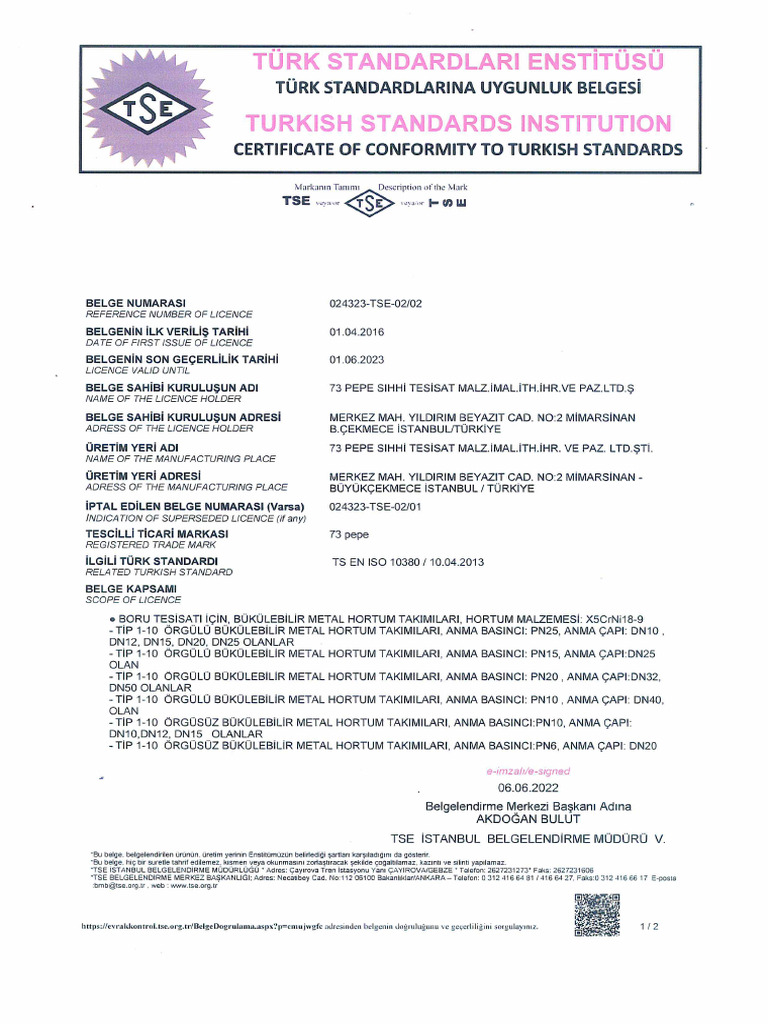 Pepe TS EN ISO 10380 TSE BELGESİ-01.06.2023 | PDF